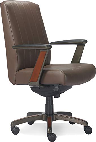 La-Z-Boy Bennett Modern Executive Lumbar Support, Rich Wood Inlay, High-Back Ergonomic Office Chair, Bonded Leather, Brown 26D x 26.25W x 39.75H in