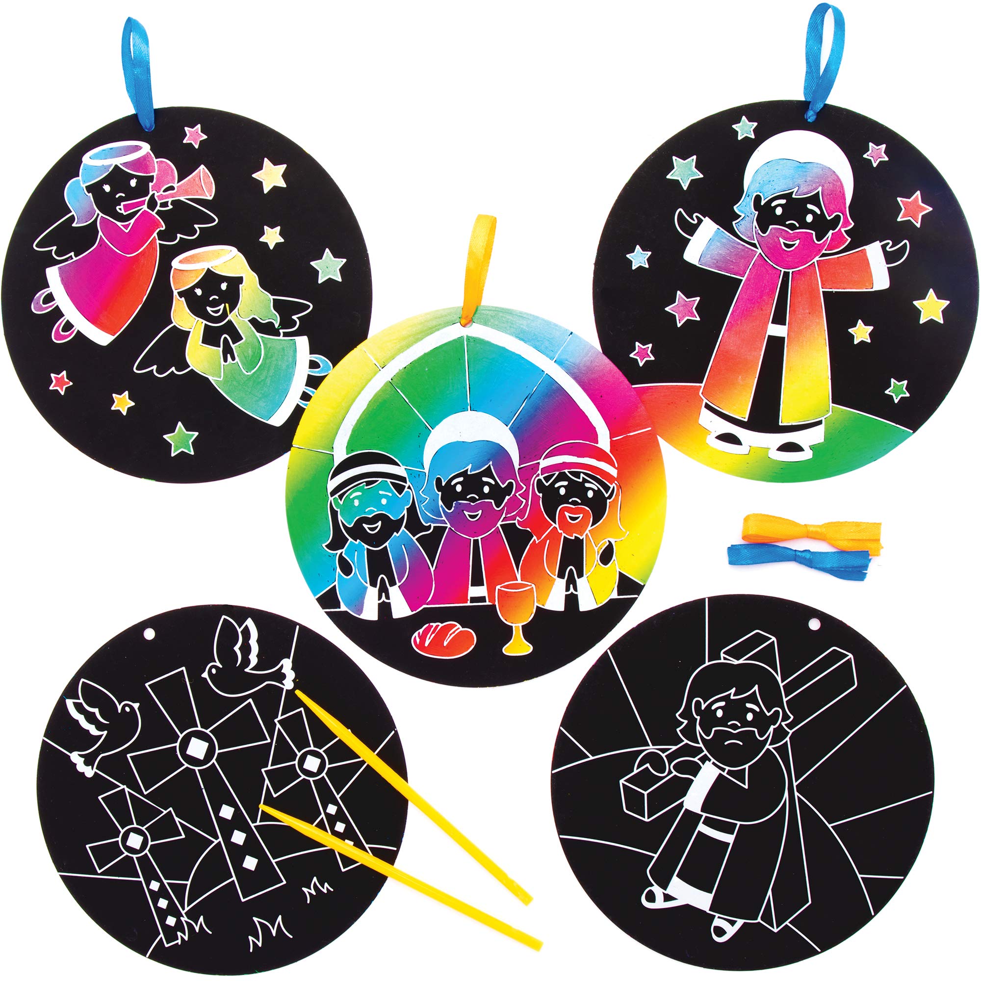 Baker Ross AT561 Holy Week Scratch Art Decorations - Pack of 8, Christmas Tree Ornaments Made with Rainbow Magic Paper, for Kids to Decorate in Arts and Crafts Activities