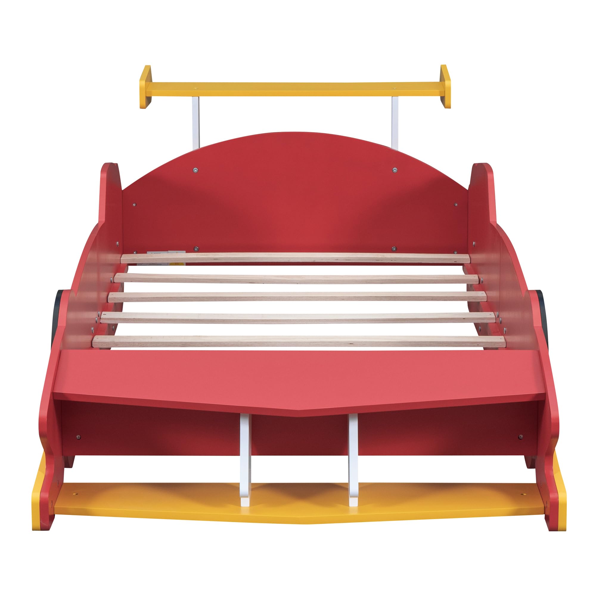 Linique Twin Size Race Car-Shaped Platform Bed with Wheels and Storage, Wood Twin Bed Frame No Box Spring Required, Red