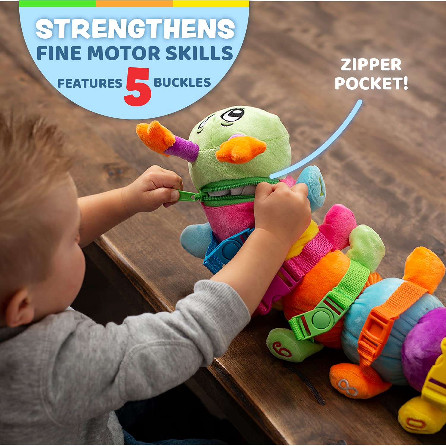 Buckle Toys - Bentley Caterpillar - Travel with Toddler Must Have Activity Toy - Fine Motor Skill Development - Counting and Color Recognition Stuffed Animal