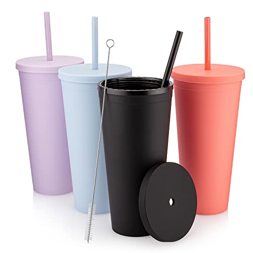 Tumblers with Lids (4 pack) 22oz Pastel Colored Acrylic Cups with Lids and Straws | Double Wall Matte Plastic Bulk Tumblers With FREE Straw Cleaner! Vinyl Customizable DIY Gifts