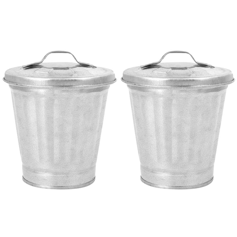 Zerodeko Outdoor 2Pcs Mini Trash Can, Small Galvanized Metal Garbage Can with Lid, Desktop Waste Bin Pencil Holder Cup Decorative Flower Pot Tabletop Decor for Home, Kitchen, Office, Mini