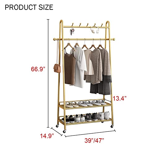 BOTAOYIYI Clothes Rack Gold, Freestanding Coat Rack Modern Rolling Garment Rack with Wheels and Bottom Shelves, Industrial Heavy Duty Pipe Clothing Rack Wardrobe Closet for Boutique Display (39.4")