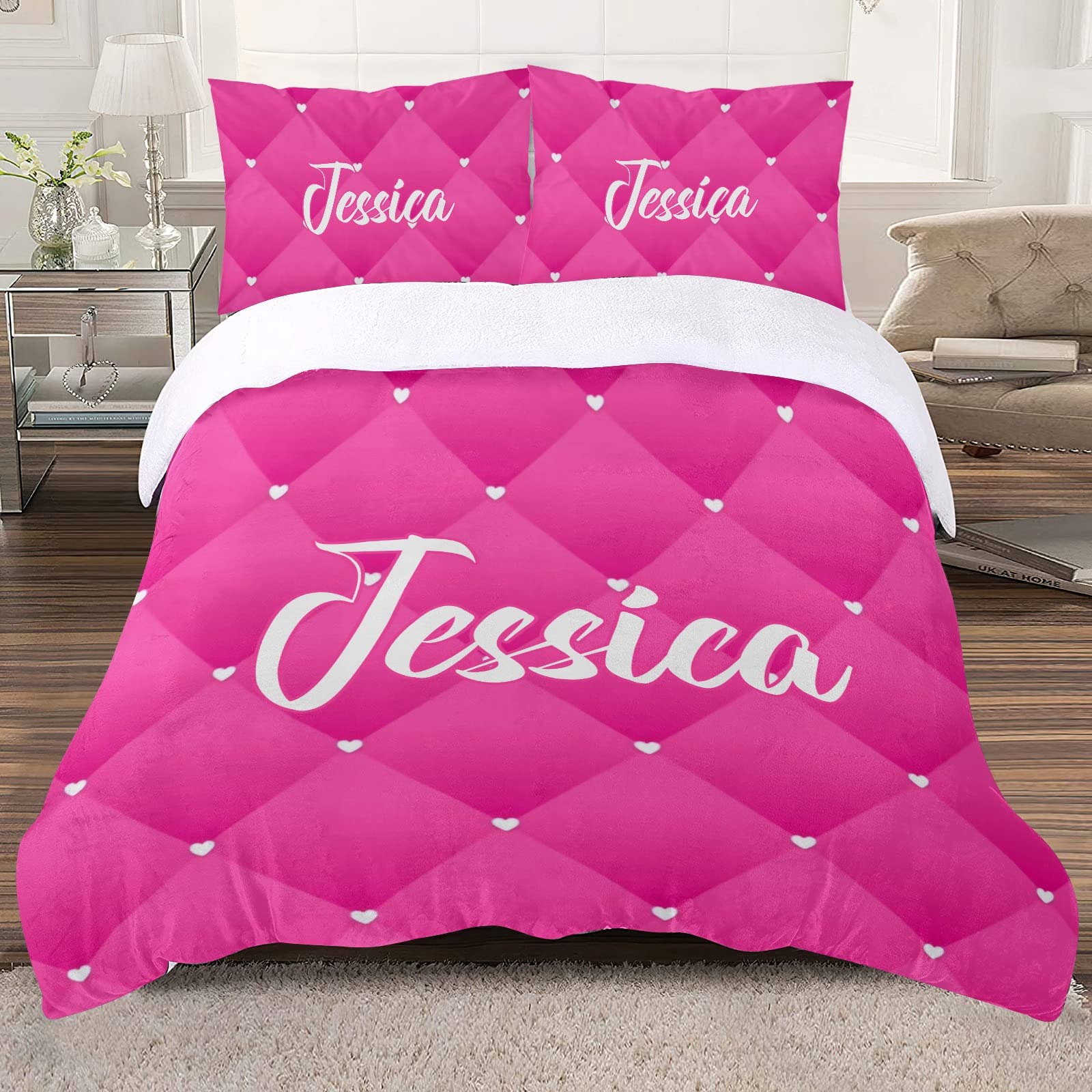 XIUCOO Personalized Pink Heart Print Duvet Cover Sets with Name Bedding Set 3 Pcs Quilt Cover with Zipper for Adult Birthday Gift,Queen Size