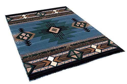 Handcraft Rugs - Navy Blue, Brown and Green, Modern Contemporary Southwestern, Native American Style Area Rug (Approximately 8 by 10)