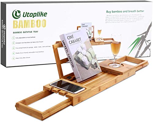 Utoplike Bamboo Bathtub Caddy Tray Bath Tray for Tub, Adjustable Bathroom Bathtub Organizer with Book Tablet Wine Glass Cup Towel Holder,Distinctive Gift for Christmas