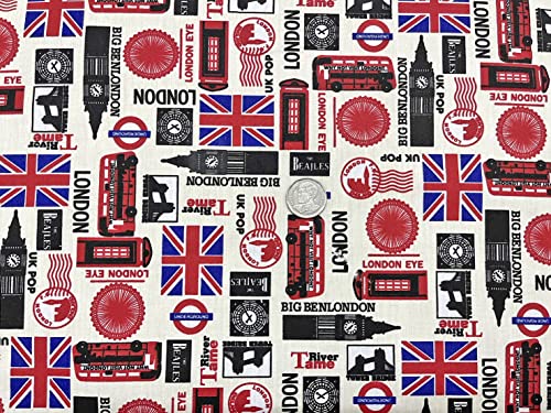 AMORNPHAN 45 Inch London British Big Ben Bus Great England United Kingdom UK England Flag Country Printed Cotton Fabric for Patchwork Needlework DIY Handmade Sewing Crafting Home Decoration For 1 Yard