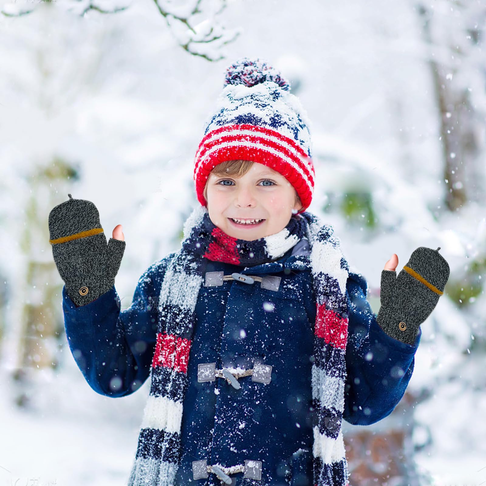 Kids Winter Gloves, Warm Knitted Convertible Fingerless Gloves for Baby Boy Girl with Mittens Cover Cap