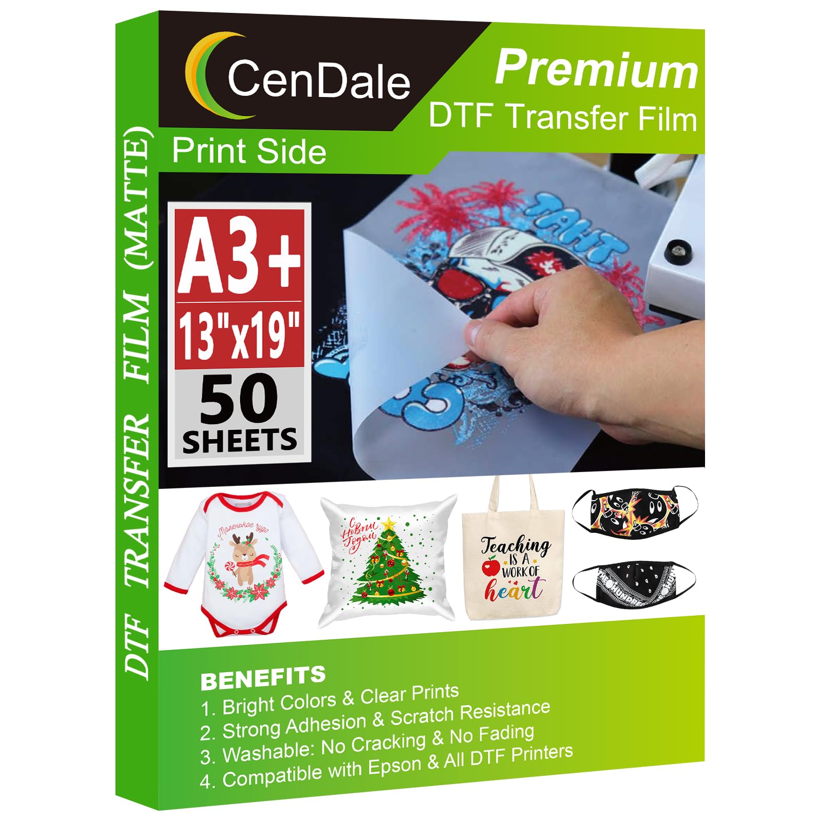 CenDale Premium DTF Transfer Film 13"x19" - A3 Plus 50 Sheets Double-Sided Matte Clear PreTreat Sheets PET Heat Transfer Paper for DIY Direct Print on All Fabric and Colors T-Shirts Textile