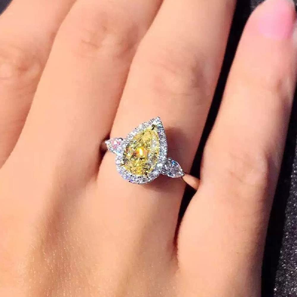 925 Sterling Silver CZ Sparkling Full Diamond Simple Yellow Waterdrop Pear Shaped Zircon Ring for Women Fashion Business Accessory Ring Eternity Engagement Wedding Ring Promise Ring 539 (6)