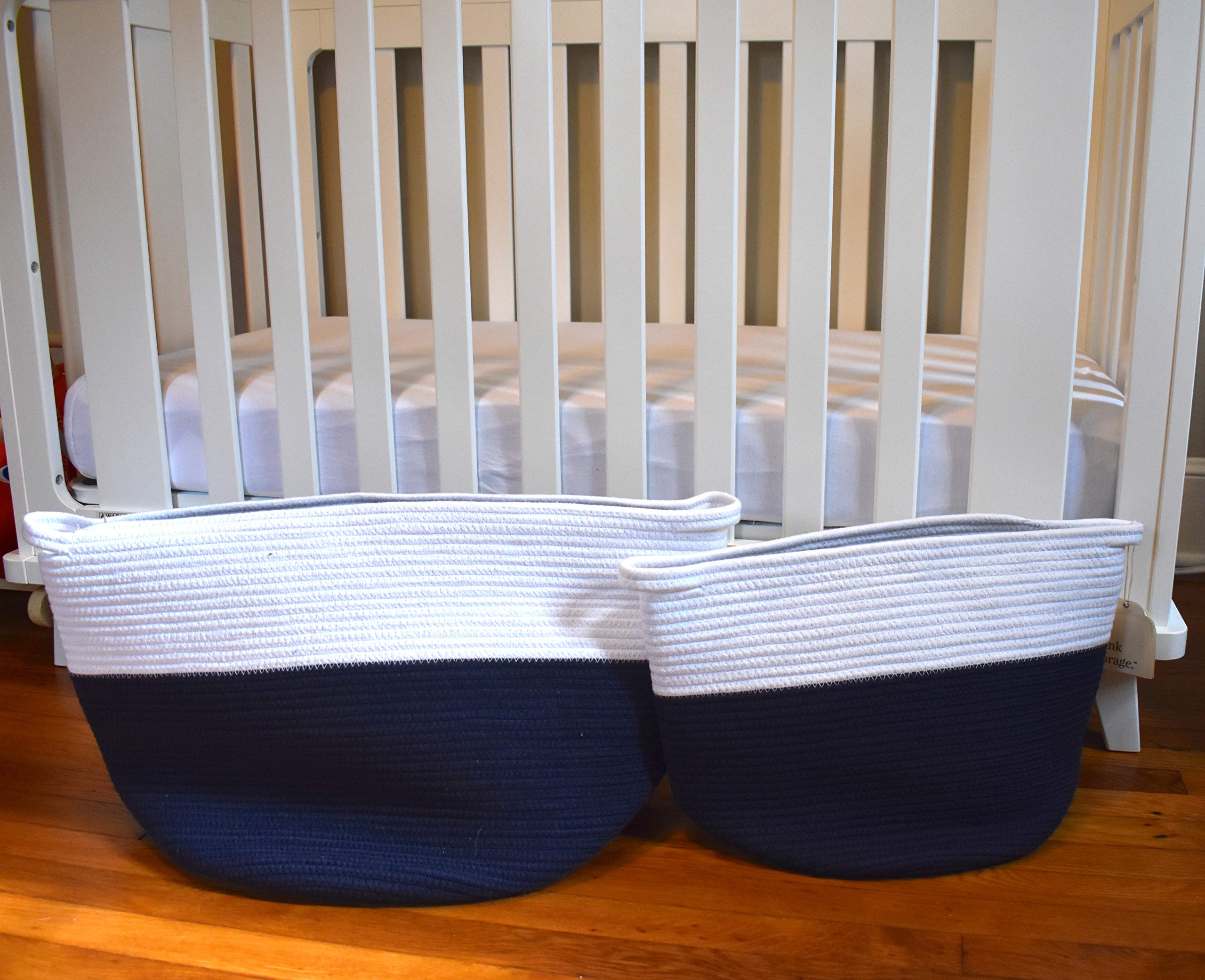 StorageWorks 100% Natural Cotton Rope Hand-Woven Basket- Two Color Design- White & Navy Blue- 2 Pack