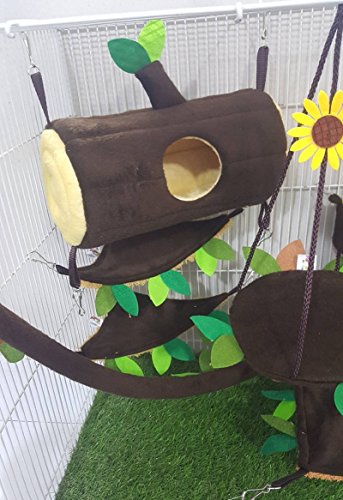 HOT! 7 Pcs/Set Cute Sugar Glider Hamster Marmoset Squirrel Chinchillas Small Pet Hanging Log + Edge Corner Dark Brown Cage Set Forest Pattern Get Free 1 Small Pet Treats, PB's REPUBLIX