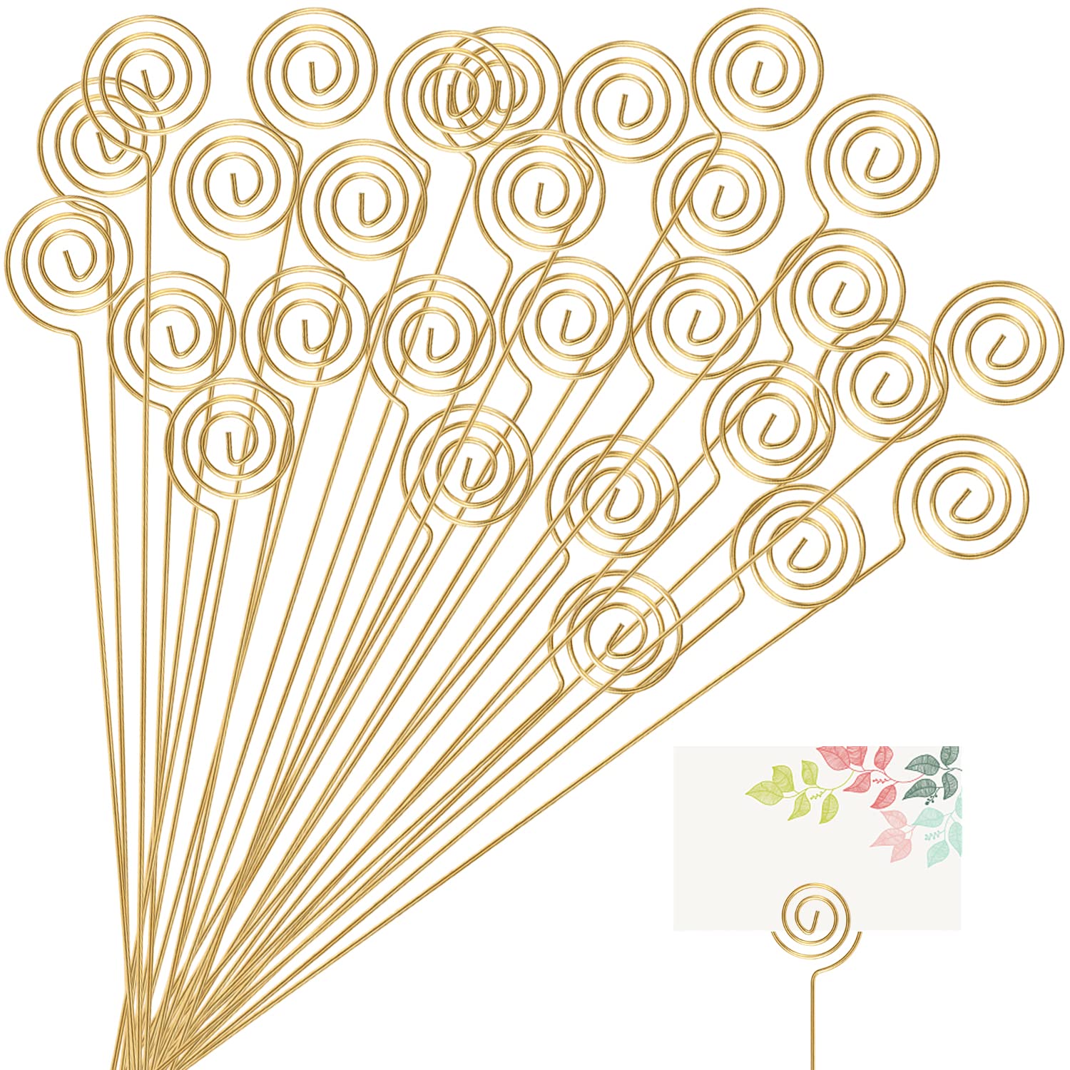 CCINEE 30Pcs Metal Wire Floral Place Card Holder Pick 13In Golden Floral Picks Photo Memo Car Holder for Wedding Birthday Party Supply(Round Shaped)