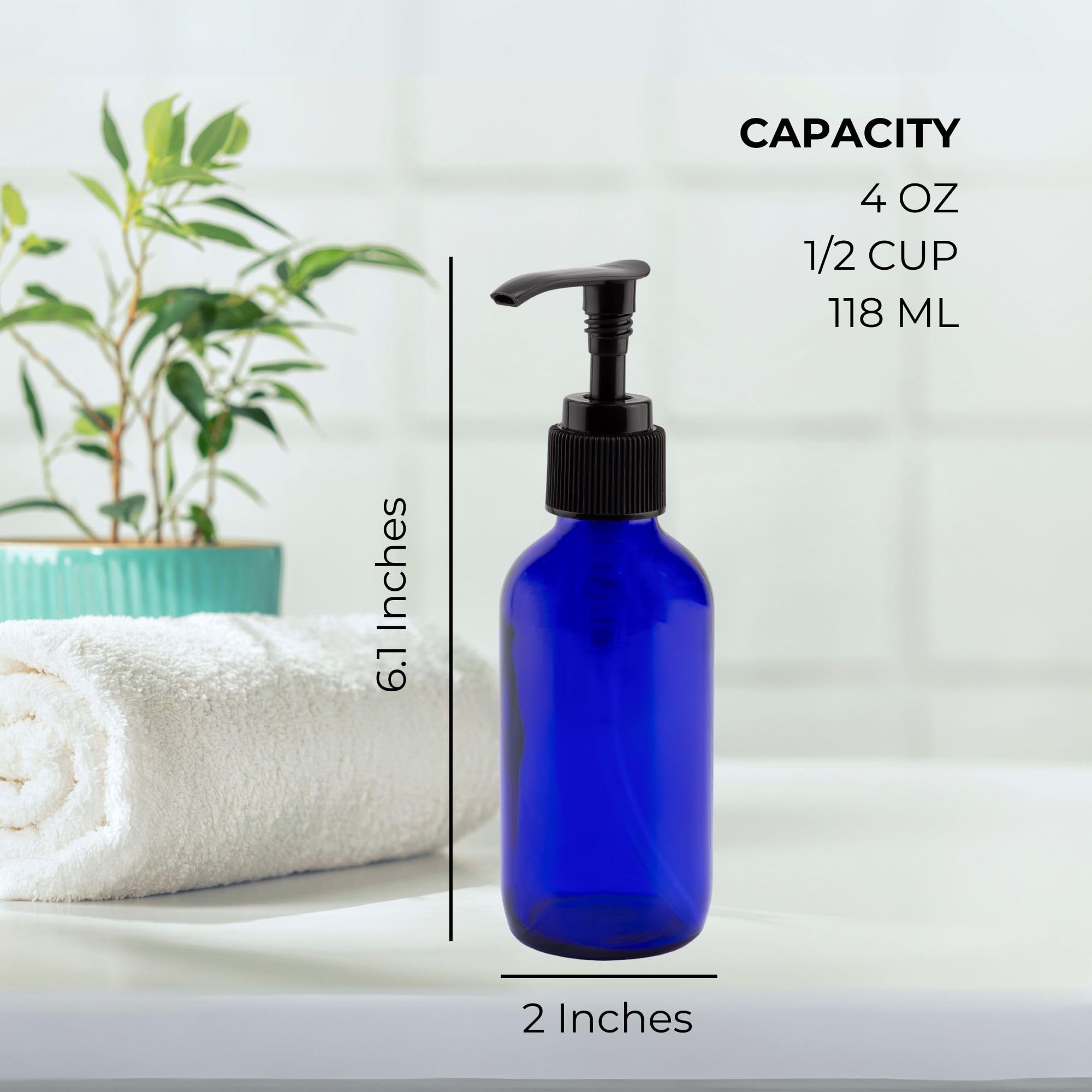 Cornucopia Brands 4-Ounce Cobalt Glass Pump Bottles (4 Pack), for Aromatherapy, Lotions, Soaps & More