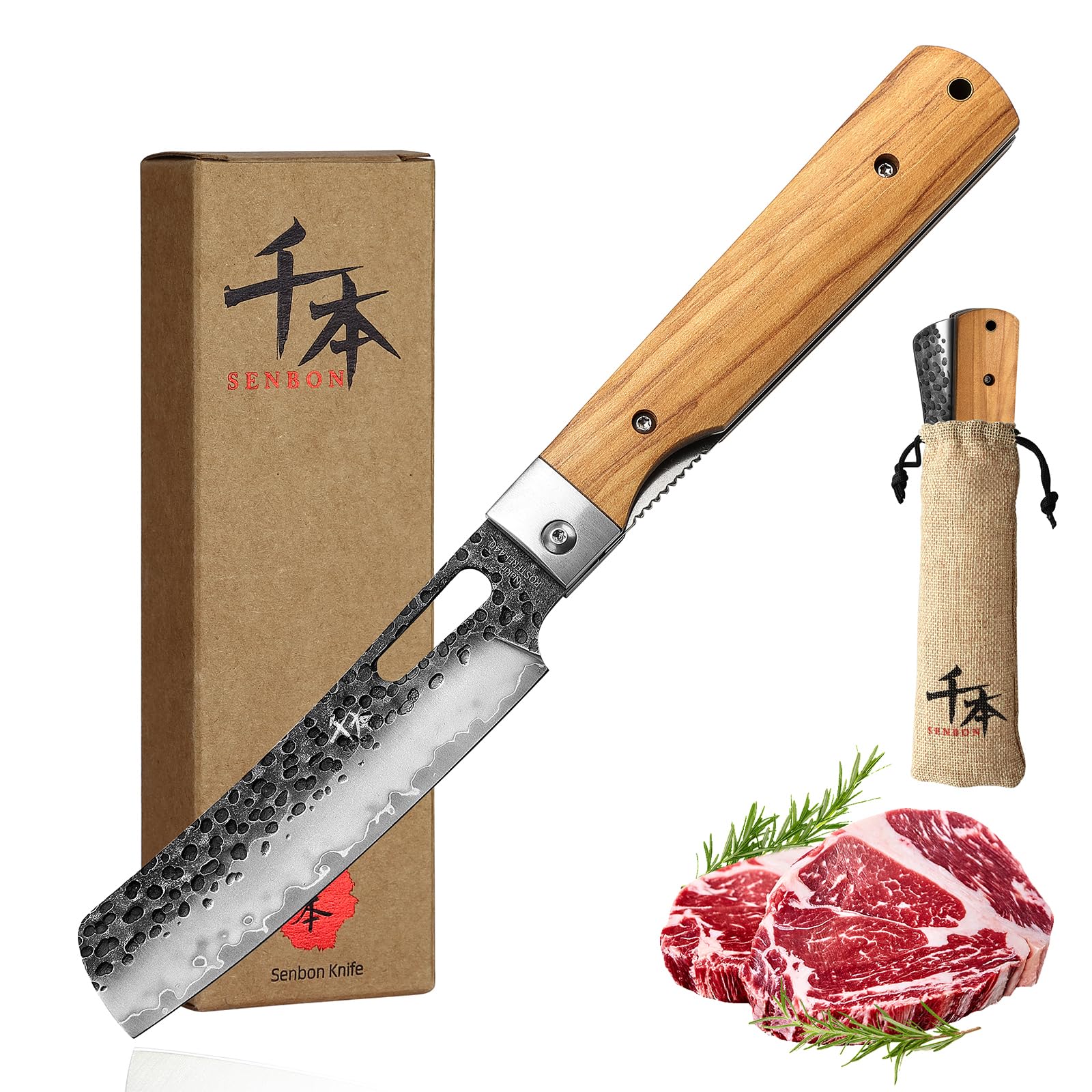 SENBON Forged 440 Stainless Steel Super Sharp Pocket Folding Chef Knife Peeling Practical Knife Fruit Knife Natural Olive Handle Camping Barbecue Outdoor Portable Kitchen Knife