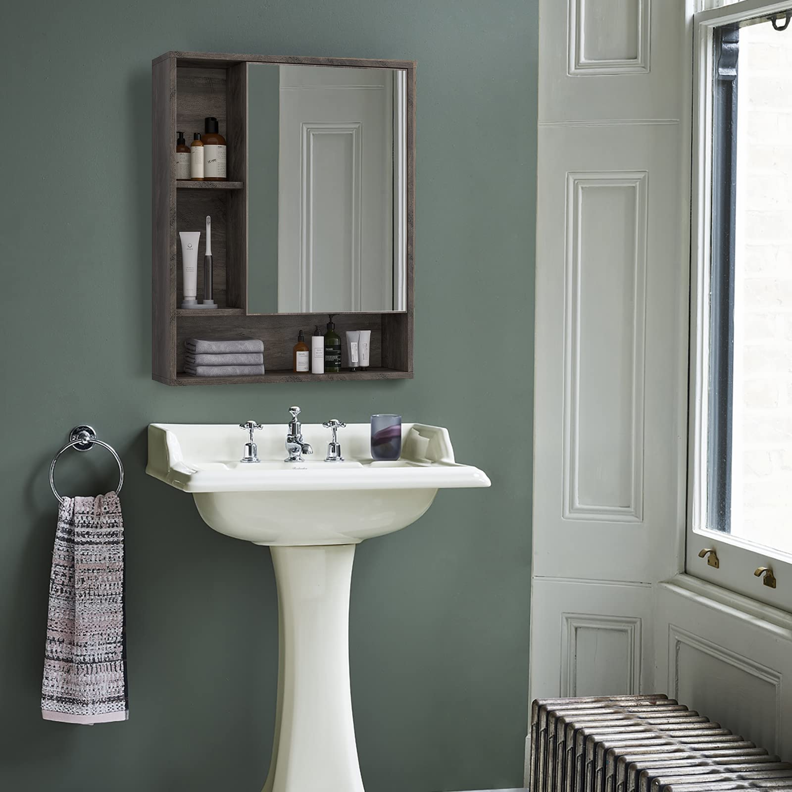 ChooChoo Bathroom Wall Mirror Cabinet, Medicine Cabinet with Single Door and Adjustable Shelf, Over The Toilet Space Saver Storage Cabinet, Grey