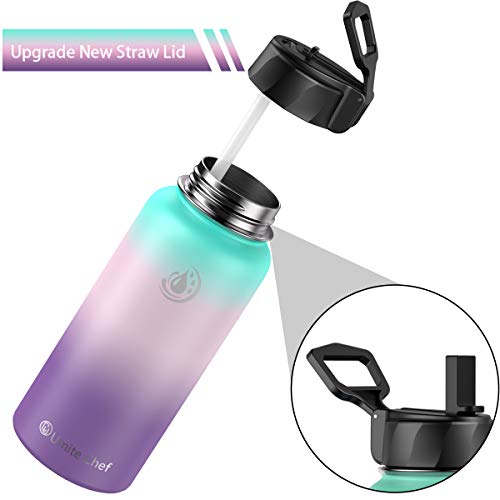 Umite Chef Sports Water Bottle with New Wide Handle Straw Lid, Vacuum Insulated Stainless Steel Thermos Mug, 32 oz Double Walled Wide Mouth Water Bottle ,Leak Proof, Sweat Free (Hydrangea)