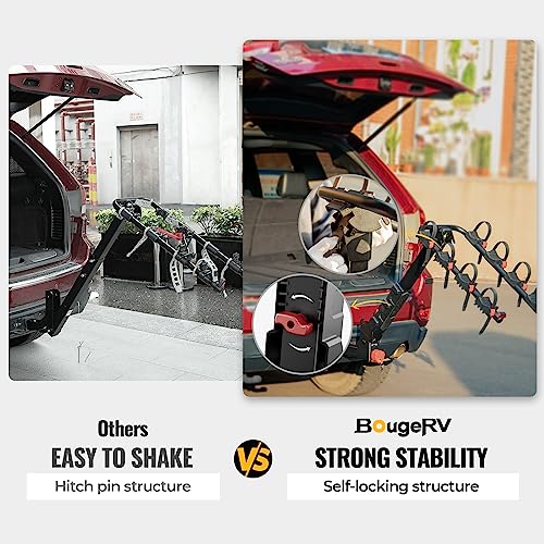 BougeRV Hitch Bike Rack Locking Feature Easy Assembly with 2'' Hitch Receiver, Foldable 4-Bike Hitch Carrier Rack for Car, Pull for Trunk Access, fit for SUV and Truck (165LB Capacity)