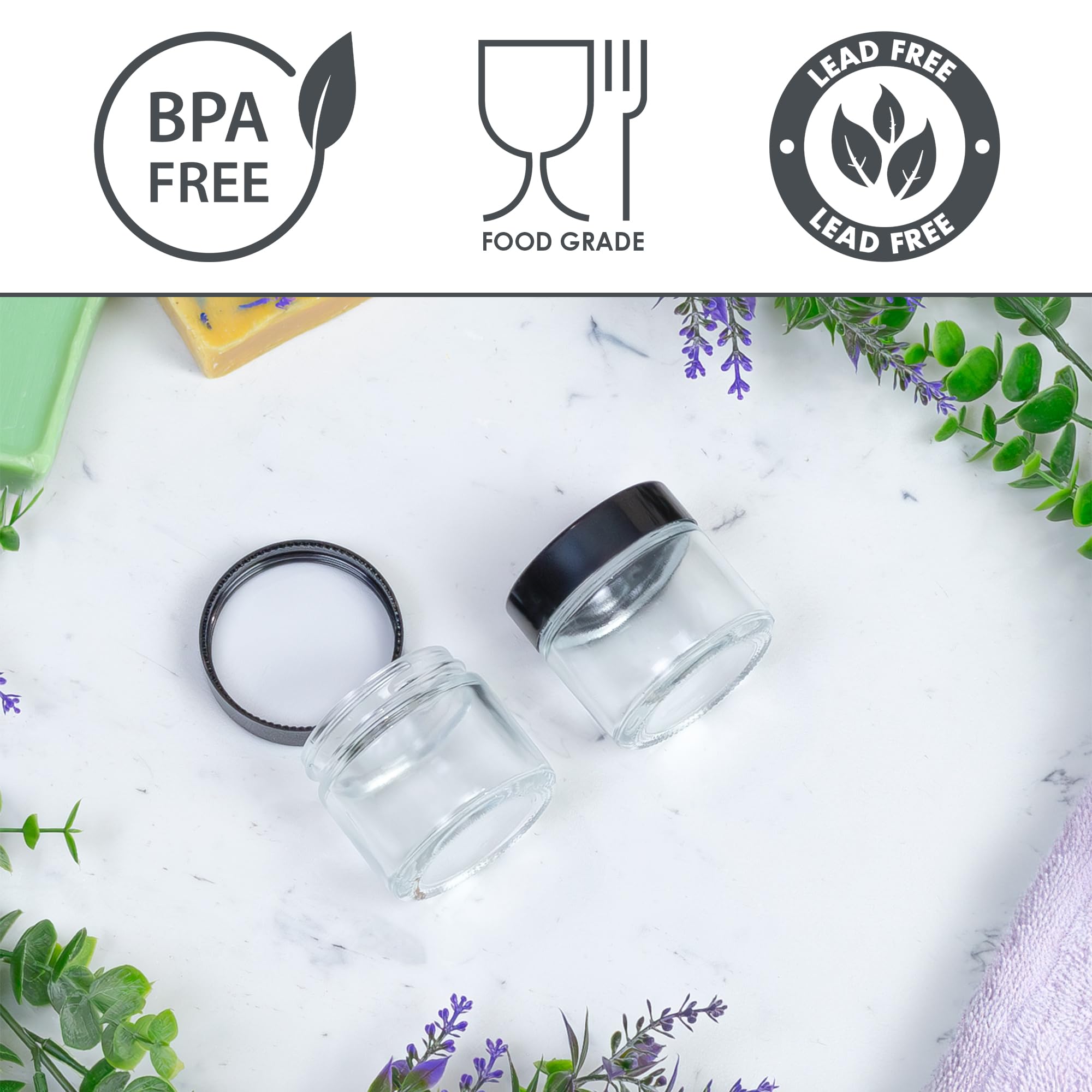 Cornucopia Brands 2oz Straight Sided Clear Glass Jars (12 pack), Airtight Cosmetic Jars for Creams, Balms & Aromatherapy