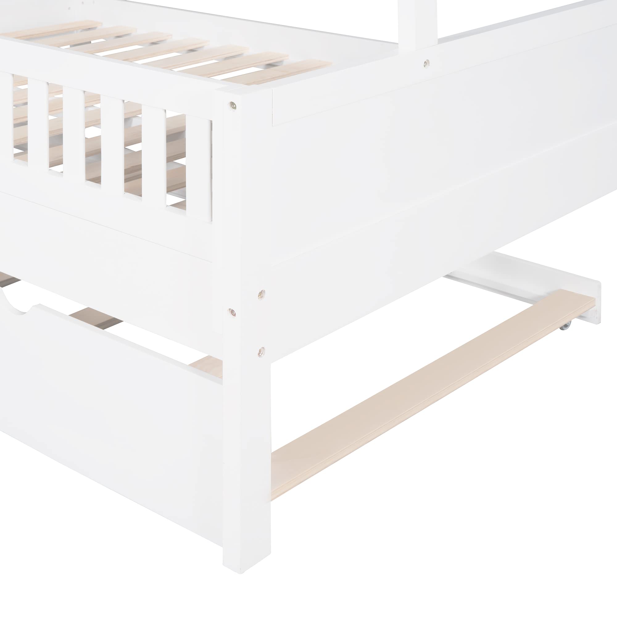 MERITLINE Full House Bed with Trundle, Wooden Platform Bed Frame with Roof, for Kids Teens Girls Boys - White