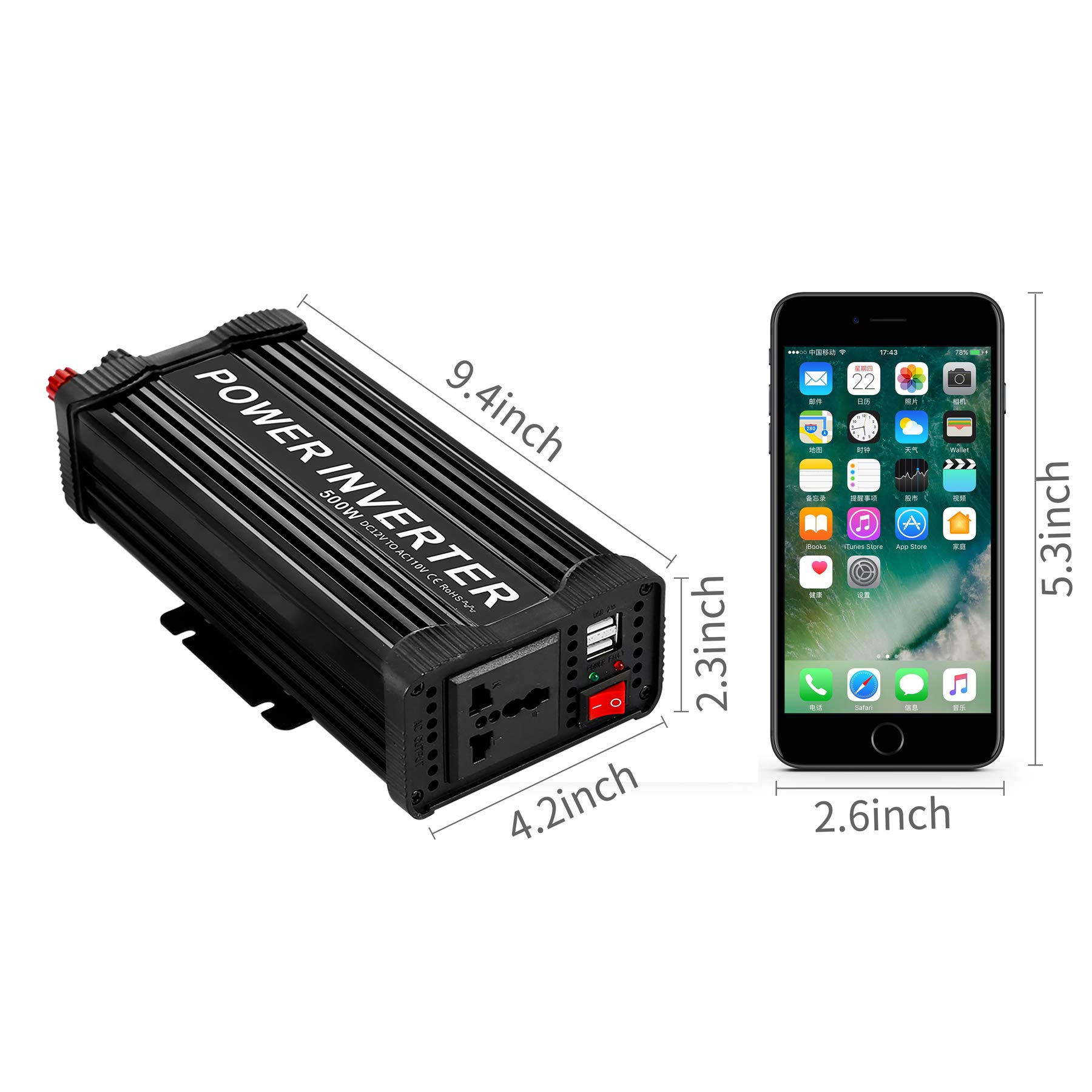 500W Power Inverter DC 12V to AC 110V Converter with 2.1A Dual USB Fast Charging Ports,Car Outlet Adapter Charger Plug Converter with Cigarette Lighter,Alligator Battery Clamp