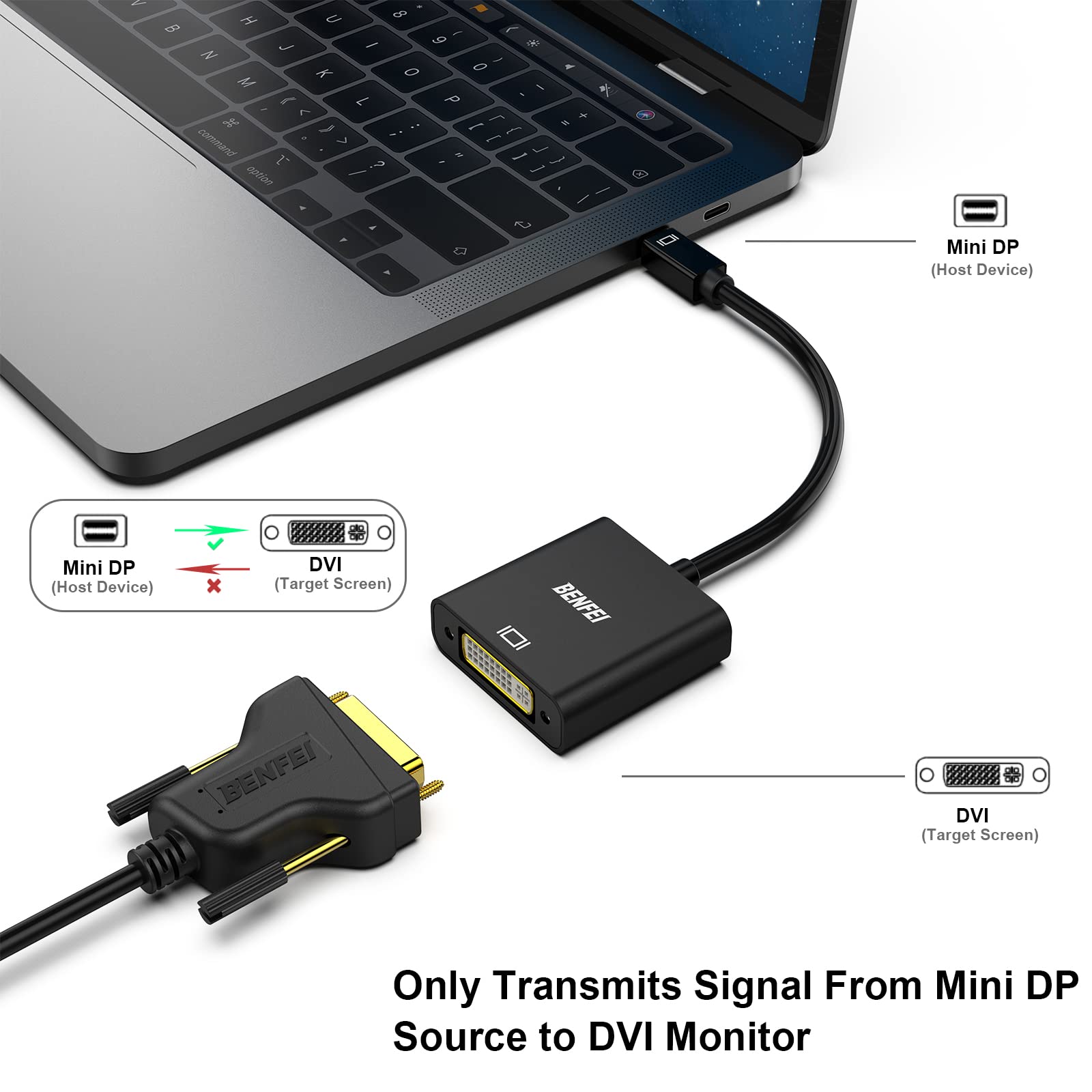 BENFEI Mini DisplayPort to DVI, Gold-Plated Mini DP to DVI (Thunderbolt Compatible) Male to Female Adapter Compatible with MacBook Air/Pro, Microsoft Surface Pro/Dock, Monitor, Projector and More