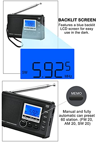 HanRongDa AM FM Shortwave Radio Portable with Excellent Reception and Backlit, Battery Operated Radios with Alarm Clock and Sleep Timer, Small Digital Tuner for Camping, Fishing, Traveling HRD-310