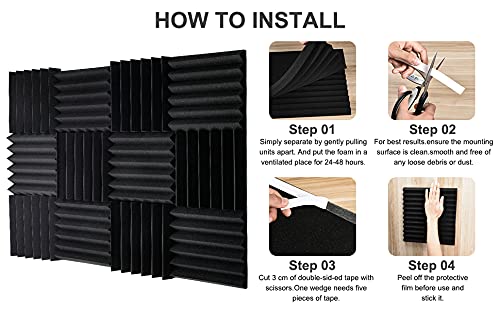 Acoustic Foam Panels Fireproof Sound Absorbing Panels Studio Foam Wedges for Walls, 1" X 12" X 12" (12Pack Black)