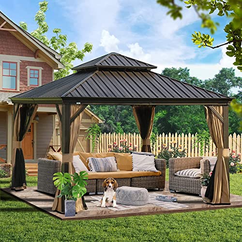 PHI VILLA 10' X 12' Outdoor Hardtop Gazebo on Clearance, Double Roof Gazebo with Curtains and Netting, Permanent Pavilion Gazebo with Aluminum Frame for Patios, Gardens, Lawns(Brown)