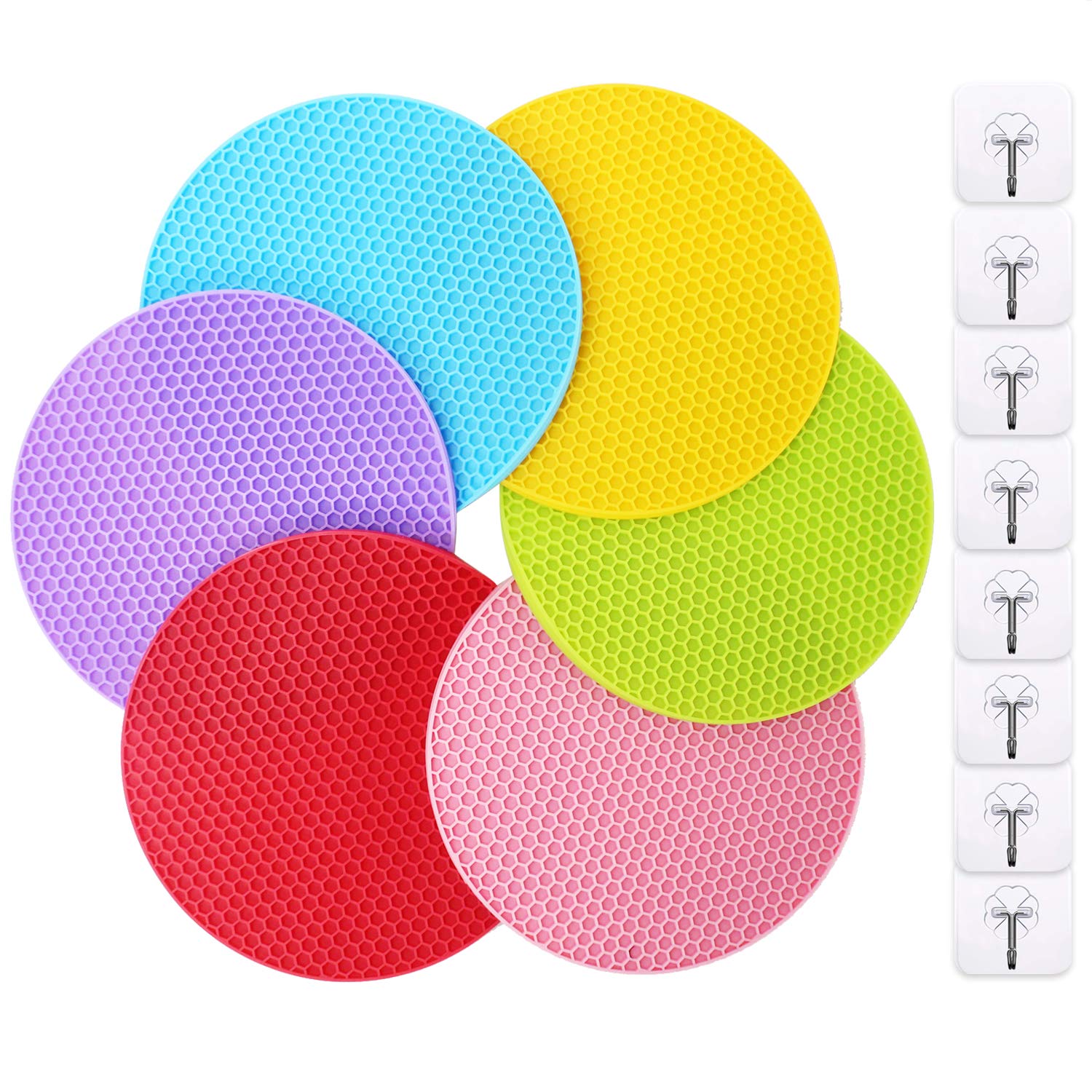 6 Pack Silicone Trivets Pot Mat Round,Pan Pot Holders Set Heat Resistant-Resistant (440ºF) & Eco-Friendly,Insulation,Non Slip Silicon Hot DishTrivet for Kitchen DiningTable Countertop,with 8 hooks