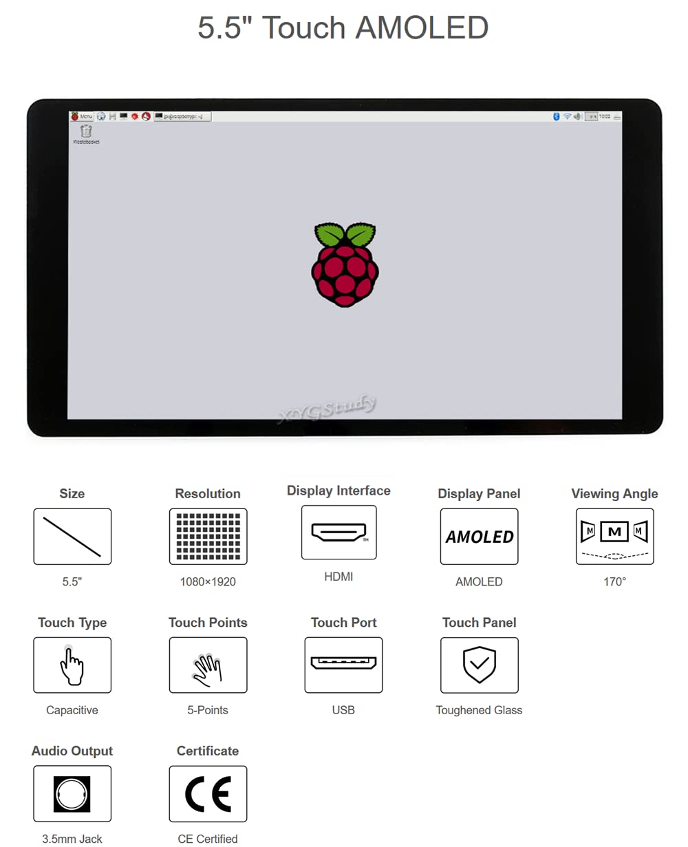 5.5 inch HDMI AMOLED Display with Toughened Glass Cover 1920x1080 Capacitive Touch HDMI Interface Supports Mini PC Raspberry Pi 4 3 2 1 Model B B+ A+ Computer Monitor @XYGStudy
