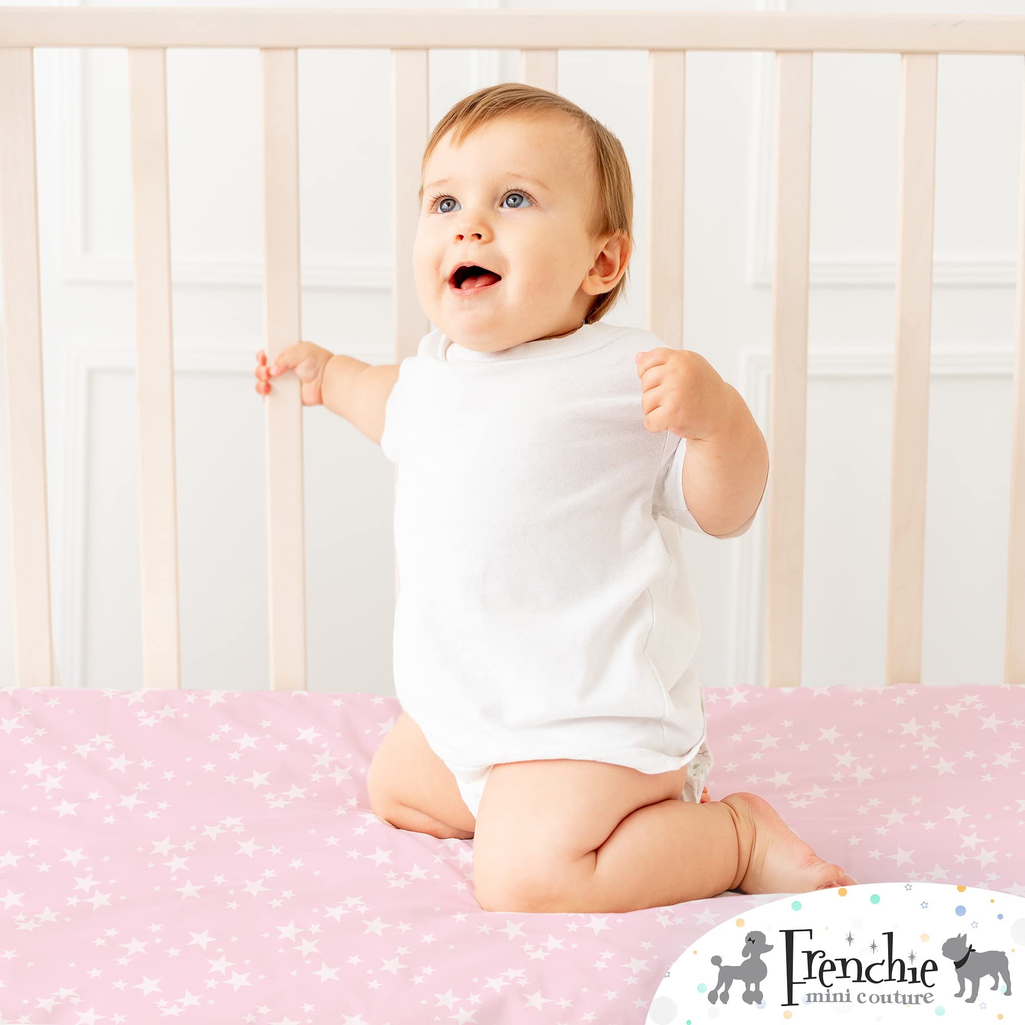 Frenchie Mini Couture Fitted Crib Sheets 100% Woven Cotton Fits Toddler Mattress, Pink Stars, 28 x 52inx8in, 2-Pack