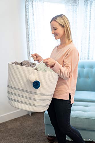 Sweetzer & Orange Extra Large Woven Cotton Rope Storage Basket with Pom-Poms β 16.5βx20.5β - Blanket Storage Baskets, Laundry and Toy Storage, Nursery Hamper - Off White/Navy XXL for Living Room