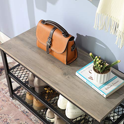 VASAGLE Shoe Bench, 3-Tier Shoe Rack, 11.8 x 28.7 x 17.7 Inches Shoe Shelf Storage Bench with Metal Mesh Shelves and Seat, Free Standing Shoe Organizer for Entryway, Greige and Black