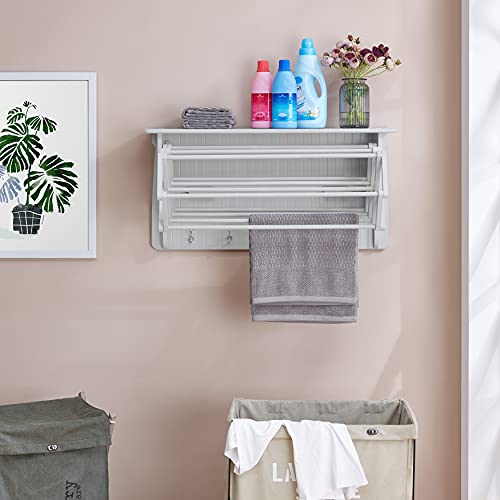 Danya B Accordion Clothes Drying Rack, Retractable, Wall Mounted Towel Rack and Hooks for Clothes and Towels for use in Laundry Room or Garage (White)