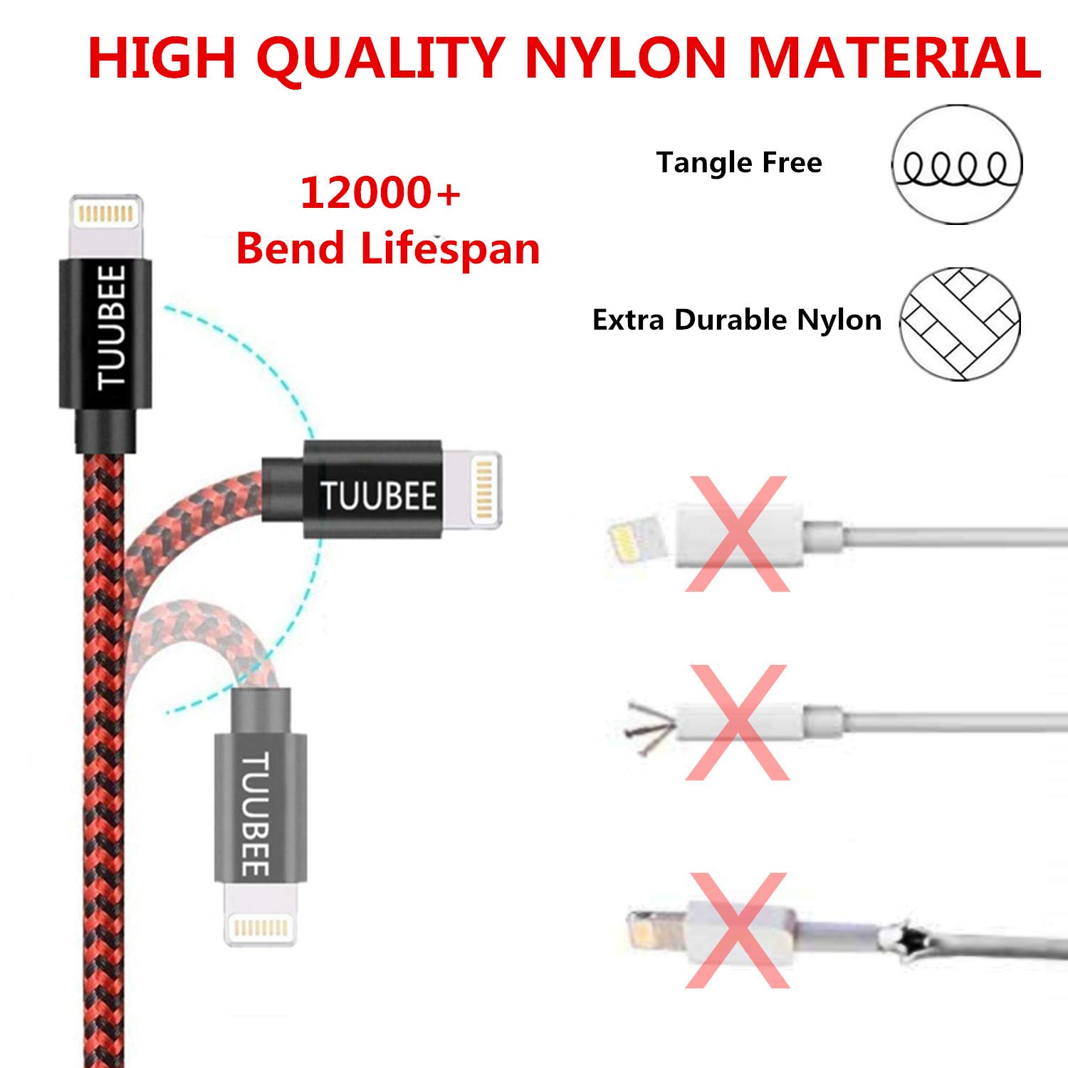 iPhone Charging Cable, 3 Pack 10FT TUUBEE Durable iPhone Charger Cable Nylon Braided Lightning Cord Fast Charging & Syncing iPhone Chargers Compatible iPhone XS/Max/XR/X/8P/8/7/6/iPad(Red&Black)