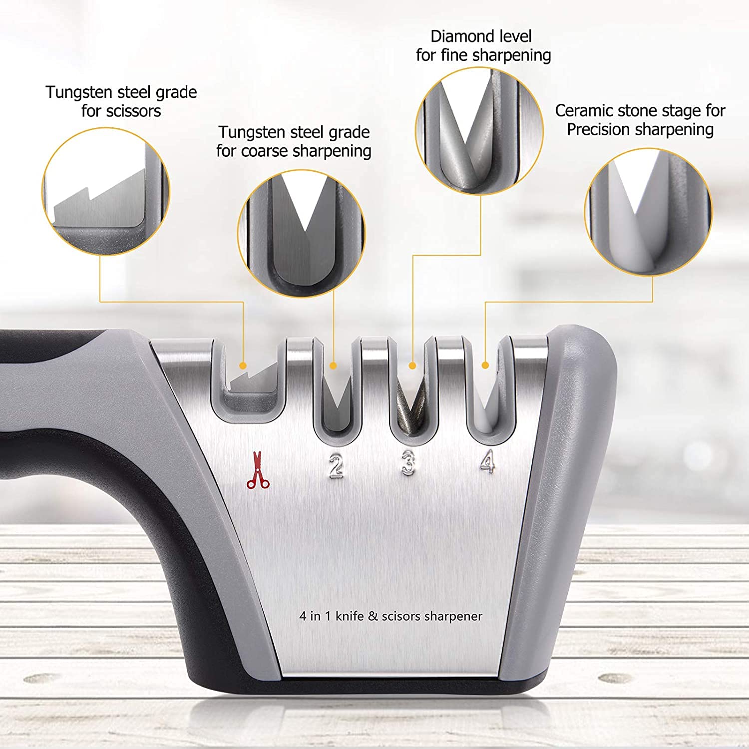 4 IN 1 Knife Sharpener, 4-Stage Knife Sharpening Tool Multifunctional Kitchen Knife Scissor Sharpener with the Diamond, Ceramic, and Tungsten Steel Rod
