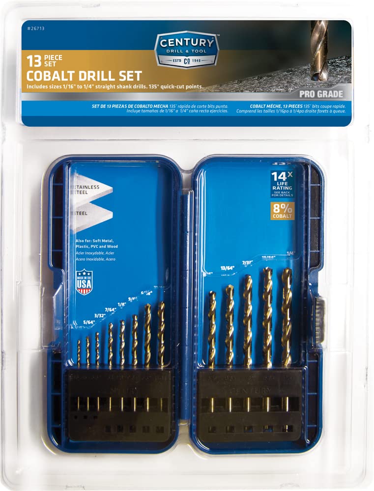 Century Drill & Tool, 26713, 13 PC Set,Jobber Drill Bit,ProGrade, Cobalt Steel, High Speed Drill Bit Pack