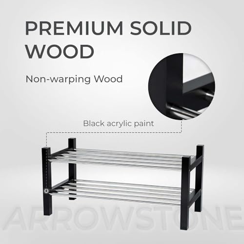 ARROWSTONE Black Shoe Rack 2 Tier, Solid Acacia Wood, 31" W Entryway Free Standing Shoe Rack, Stainless Steel Stackable Shoe Organizer for Front Door, Bedroom, Living Room, Bathroom