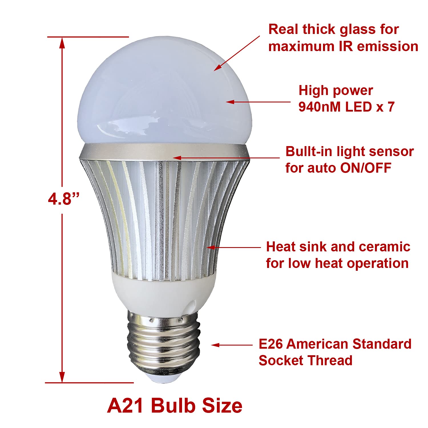 SCS Enterprises Total Invisible Super Wide 940nM IR Light Bulb Covert Lamp (7 High Power LED illuminators + Light Sensor) 25ft Range, 160 deg, 120VAC