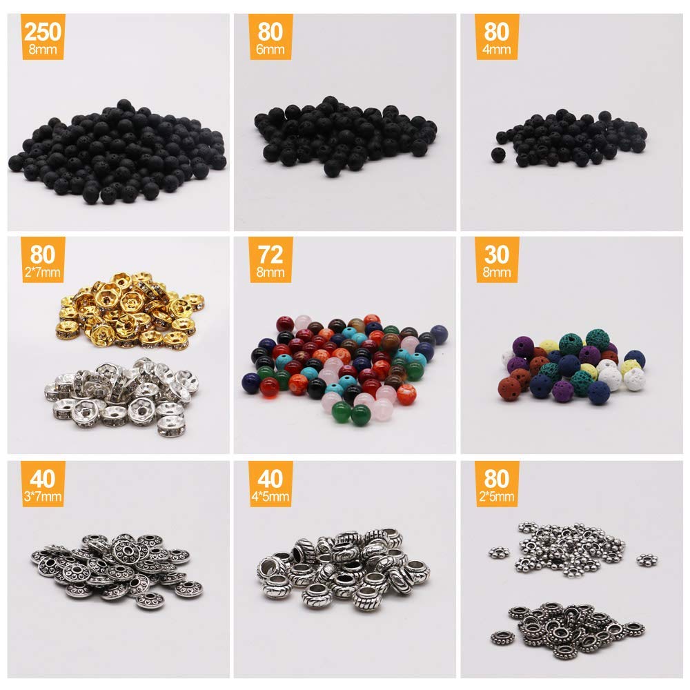 752pcs Lava Beads Kit, Lava Stone Rock Beads Chakra Beads Spacers Beads with 2 Rolls Elastic Bracelet String and Needle for Essential Oils Bracelet Necklace Jewelry Making (8mm 6mm 4mm)