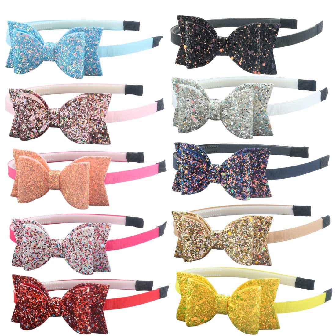 XIMA 10pcs Glitter Sequin Bow Hairband Shiny Bow Knot Teeth Plastic Headbands for Kids Hair Accessories