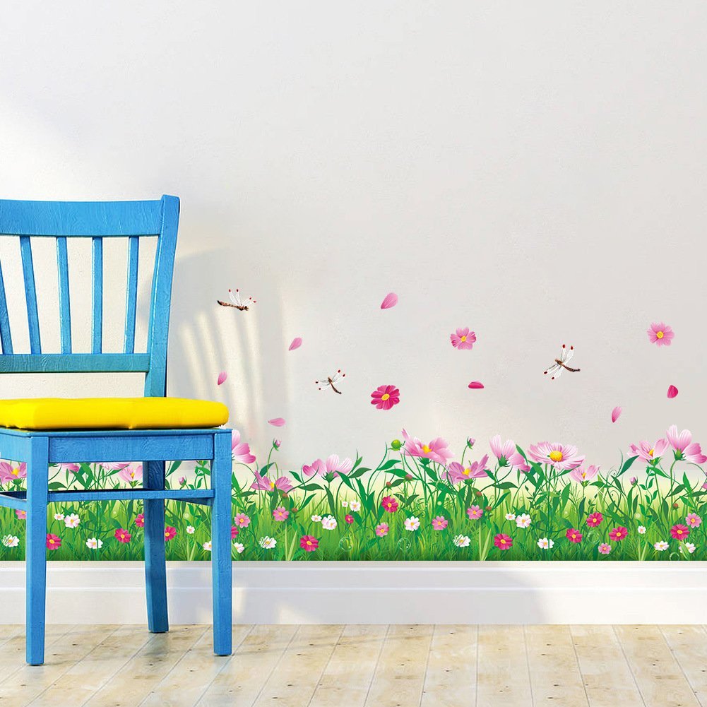 Amaom® Removable Beautiful Nursery Pink Butterfly Flowers Baseboard Wall Decals Murals Home Art Decor Peel Stick Wall Stickers for Wall Corner Kids Room Bedroom Living Room Decorations