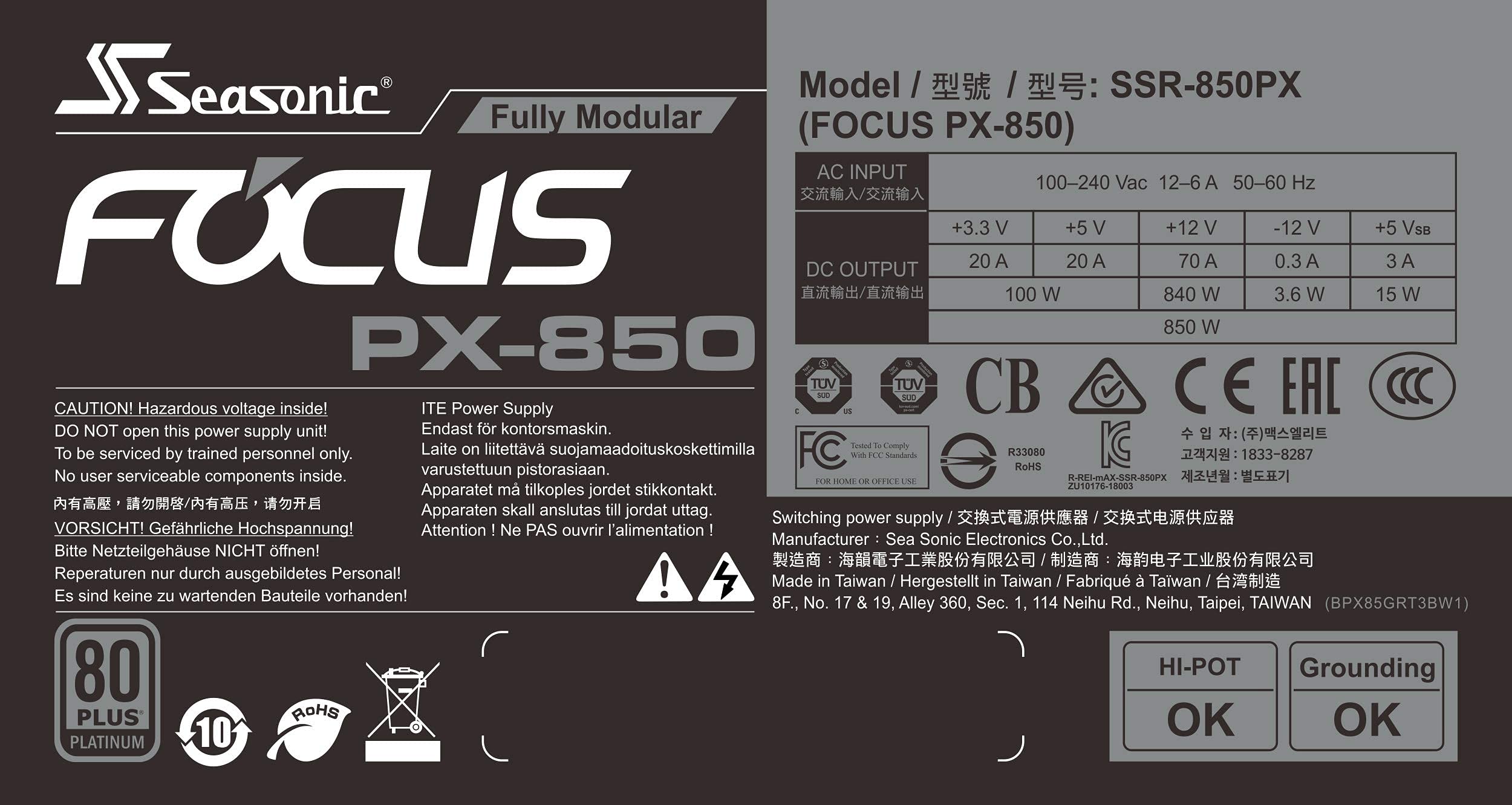 Seasonic FOCUS PX-850 | 850W | 80+ Platinum | Full-Modular | ATX Form Factor | Low Noise | Premium Japanese Capacitor | 10 Year Warranty | Nvidia RTX 30/40 Super & AMD GPU Compatible (Ref. SSR-850PX)