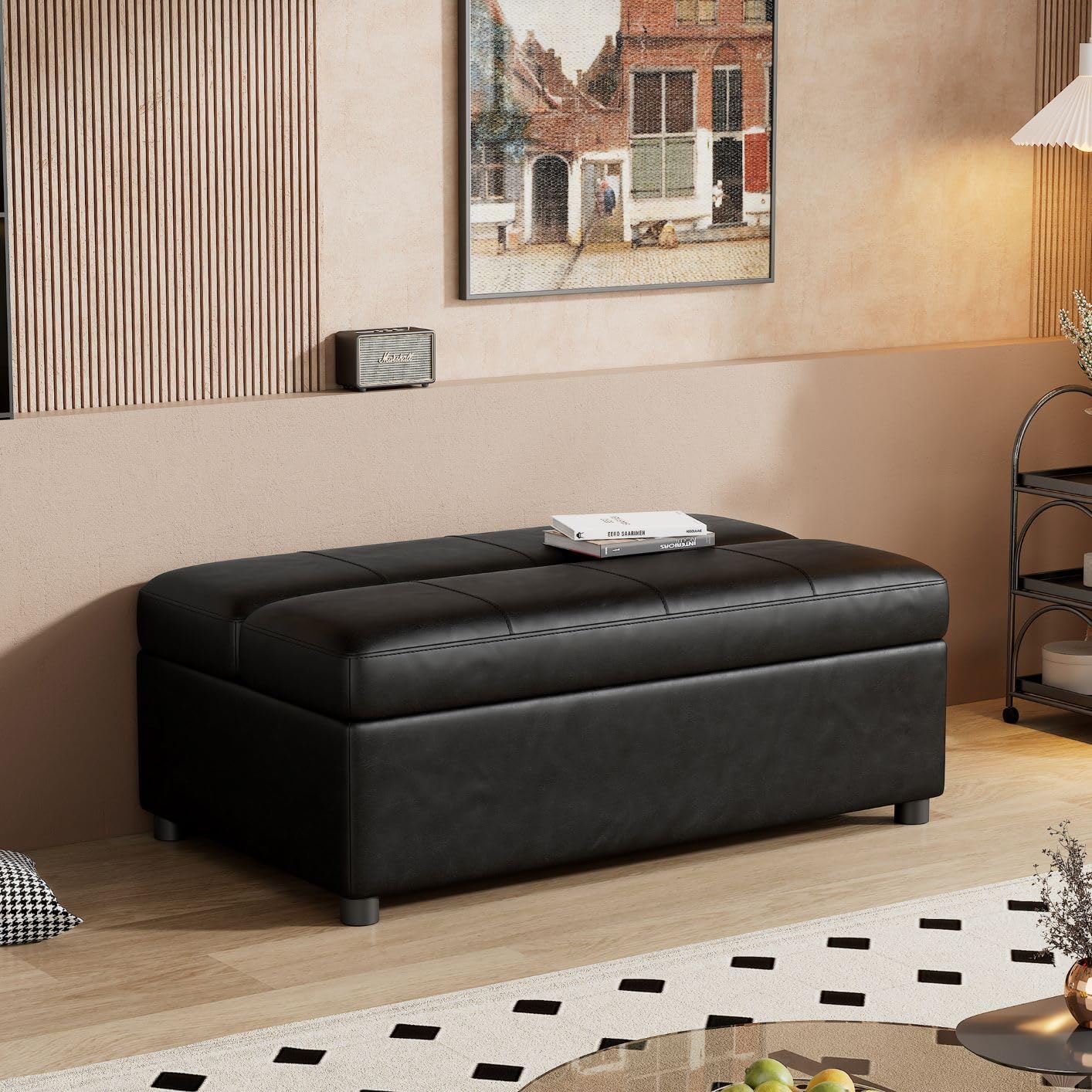 Elountik Ottoman Folding Bed,Fold Out Sleeper Bed with Mattress, Convertible Guest Sofa Bed, Twin Size Couch Sleeper for Living Room Bedroom Office (Black, PU)