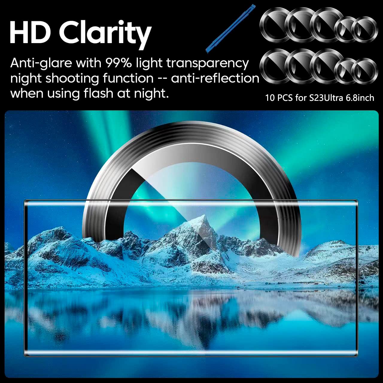 Arshek [5+5 PCS] for Samsung Galaxy S23 Ultra Camera Lens Protector, Keep Lens Original Design, 9H Tempered Glass Metal Ring Camera Cover Screen Protector Case Friendly Night Shot Mode HD Clear