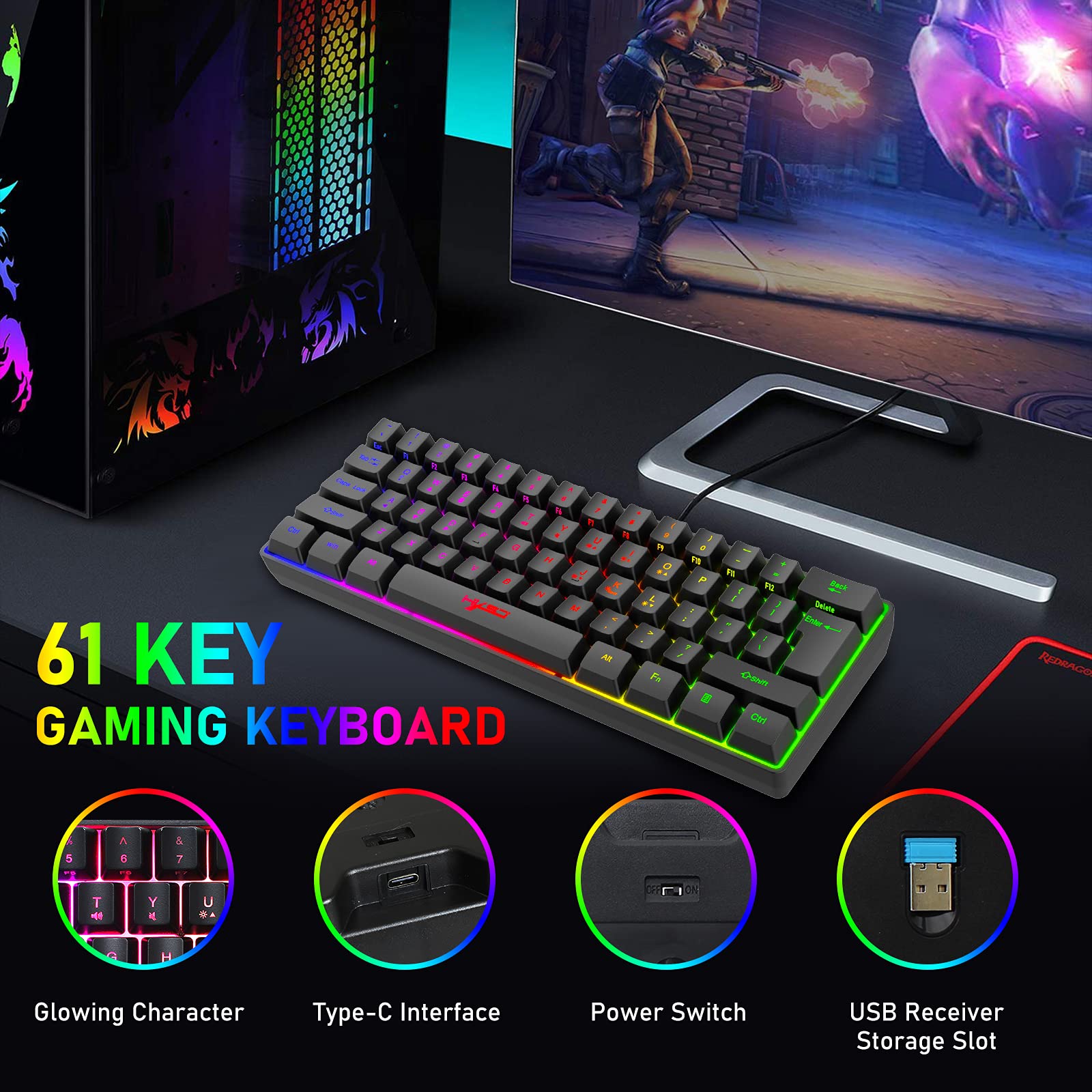 4 in 1 Wireless Gaming Keyboard Mouse and Converter with RGB Backlit Mini 61Key Ergonomic Honeycomb Shell 2.4Ghz USB Receiver Bluetooth Wired Adapter for PS4 PS3 Xbox Switch PC Mac Gamer Typist(Black)