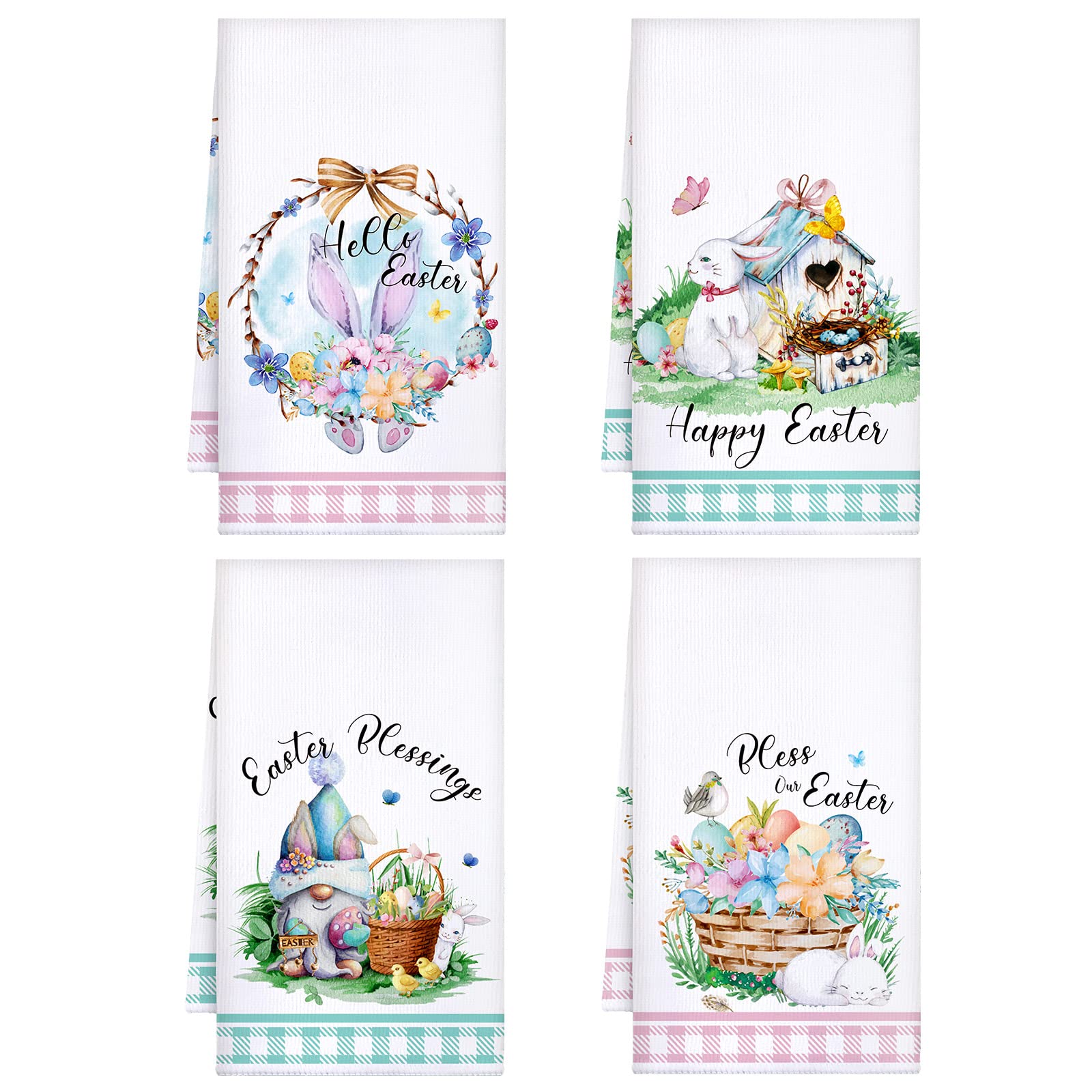 4 Pcs Easter Kitchen Towels Bunny Gnome Easter Dish Towels Easter Egg Farmhouse Hand Towels Easter Kitchen Decor Spring Flowers Blessings Dishcloths Housewarming Gifts for Bathroom Home Decorations