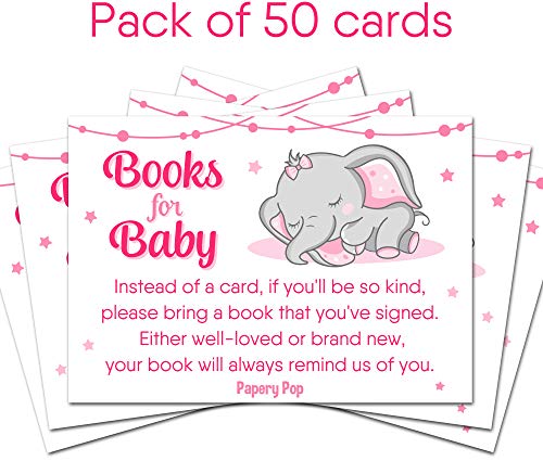 50 Books for Baby Shower Request Cards for Girl (50 Pack) - Elephant - Bring a Book Instead of a Card - Baby Shower Invitations Inserts Supplies