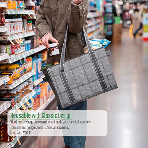 VENO 2 Pack Extra Large Reusable Grocery Bag, Premium Quality, Shopping Cart Bag, Storage Box, Heavy Duty, Hard Bottom, Collapsible, Utility Tote, Trunk Organizer (Black/Windowpane, XL set of 2)